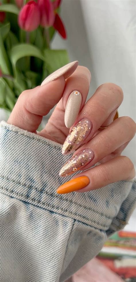 50 Pretty Spring Colour Nail Ideas And Designs Nude Gold And Orange