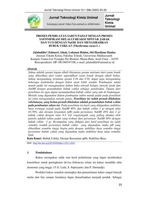 PDF PROSES PEMBUATAN SABUN PADAT DENGAN PROSES SAFONIFIKASI MELALUI REAKSI MINYAK JARAK DAN