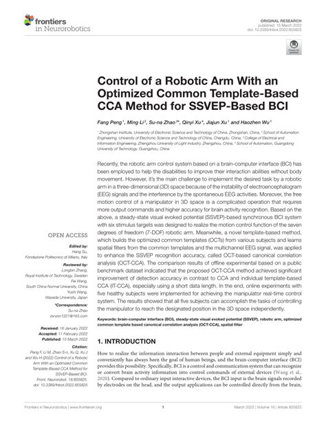 Pdf Control Of A Robotic Arm With An Optimized Common Template Based Cca Method For Ssvep