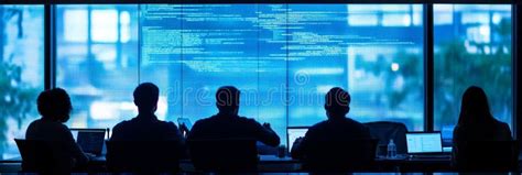 team of developers working on coding projects in front of a large screen displaying code in a