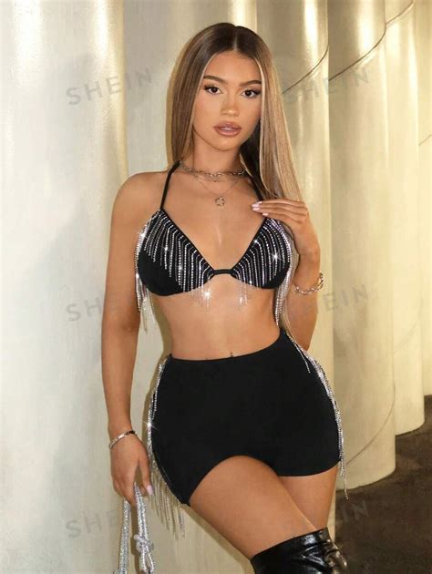 Shein Bae Black Shorts Shein Sexy Party Tops Fringe Skirt Country