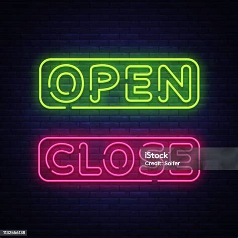 닫기 네온 텍스트 벡터를 엽니다 오픈 닫기 네온 간판 디자인 서식 파일 현대 트렌드 디자인 밤 네온 간판 밤 밝은 광고 빛 배너 빛 예술 벡터 일러스트 간판에 대한 스톡