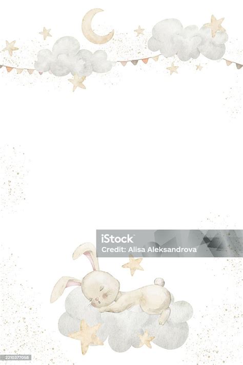 수채화 토끼는 별과 달 사이의 구름 위에서 자고 있습니다 아기 샤워 인사말 카드 또는 유치한 초대장을 위한 파스텔 색상의 토끼가 있는 템플릿의 그림 보육원 포스터를 위한