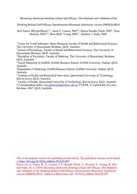 Pdf Measuring Adolescent Drinking Refusal Self Efficacy Development And Validation Of The