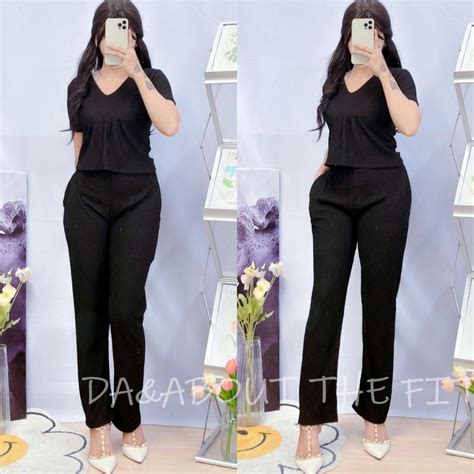 new fashion della bark crepe plain basic v neck top terno pants two pockets coords set trendy