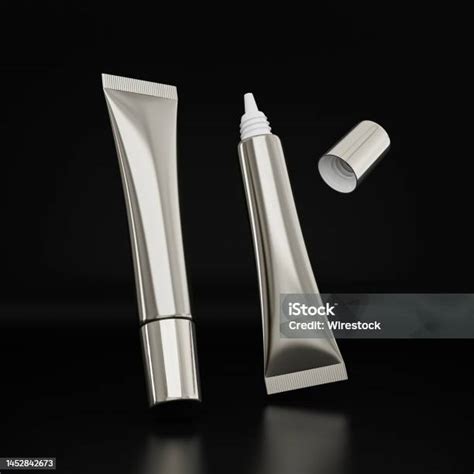 검은색 배경에 은색 압착 가능한 얼굴 크림 튜브의 3d 렌더링 3차원 형태에 대한 스톡 사진 및 기타 이미지 3차원 형태 디자인 디지털 생성 이미지 Istock