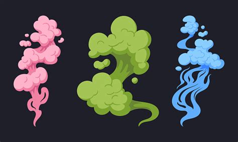 화려한 구름 블루 그린 핑크 연기 구름 파스텔 색상 퍼프 플랫 벡터 일러스트 레이 션 세트 만화 여러 가지 빛깔의 먼지 구름 구름에 대한 스톡 벡터 아트 및 기타 이미지