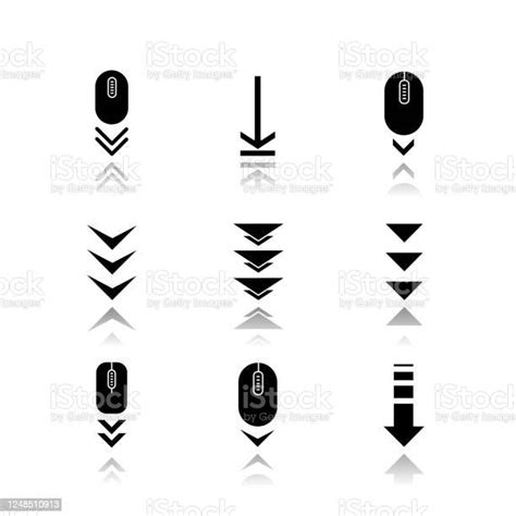 아래로 스크롤하여 그림자 검정 색 아이콘 세트를 놓습니다 인터넷 페이지 브라우징 및 다운로드 지표 웹 커서 화살촉이 있는 Pc 요소 공백에 대한 격리된 벡터 그림 가리키기에