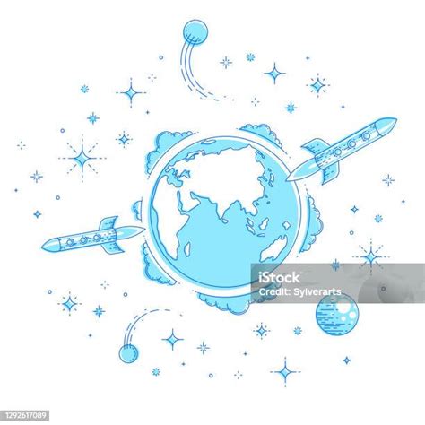 별 로켓 소행성 및 기타 요소로 둘러싸인 우주의 행성 지구 끝없는 우주에서 작은 지구 흰색으로 격리된 얇은 선 3d 벡터 일러스트레이션입니다 과학에 대한 스톡 벡터 아트 및