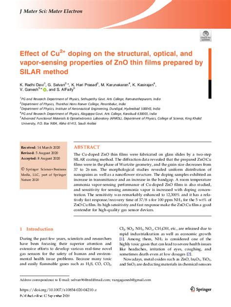 Pdf Effect Of Cu 2 Doping On The Structural Optical And Vapor