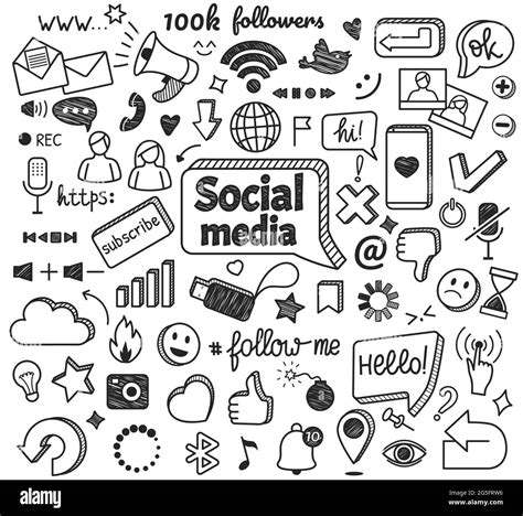 Social Media Doodles Hand Drawn Internet And Network Sketch Symbols Digital Marketing