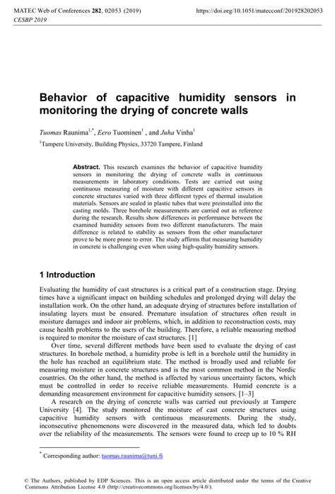 Pdf Behavior Of Capacitive Humidity Sensors In Monitoring The Drying Of Concrete Walls