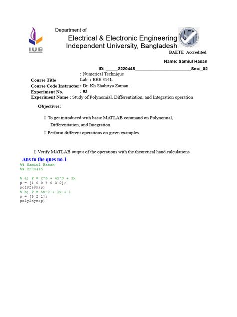 Study Of Polynomial Differentiation And Integration Operation Eee