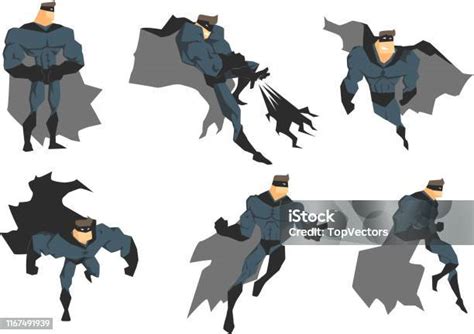 다른 액션 포즈 세트에서 회색 의상과 검은 마스크에 슈퍼 히어로 용감한 슈퍼 히어로 캐릭터 벡터 일러스트 권위에 대한 스톡 벡터