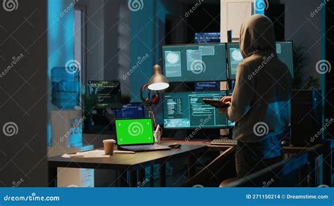 Male Hacker Using Greenscreen To Break Into It Server Stock Photo Image Of Code Data 271150214