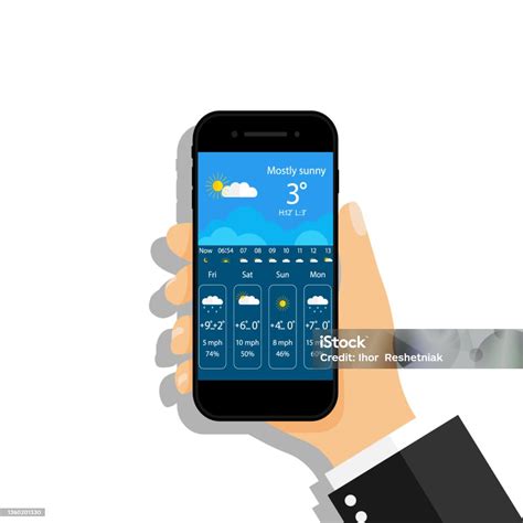 전화의 일기 예보 스마트 폰 화면에 인터페이스와 날씨 위젯 기후 온도 비 눈 구름 태양과 휴대 전화에 응용 프로그램 손 예측과 휴대 전화를 들고 벡터 3차원 형태에 대한