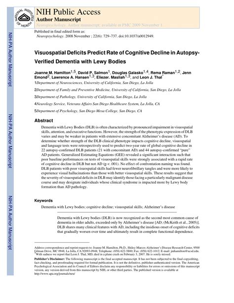 Pdf Visuospatial Deficits Predict Rate Of Cognitive Decline In Autopsy Verified Dementia With