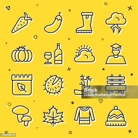 세트 라인 겨울 모자 벤치 졸업생 및 졸업 모자 방수 고무 부츠 유리와 와인 병 호박 당근 및 태양 구름 날씨 아이콘 벡터 가을에 대한 스톡 벡터 아트 및 기타 이미지