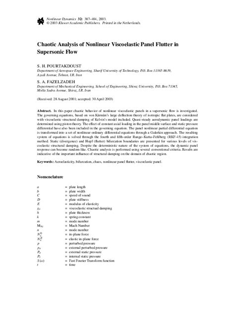 Pdf Chaotic Analysis Of Nonlinear Viscoelastic Panel Flutter In Supersonic Flow