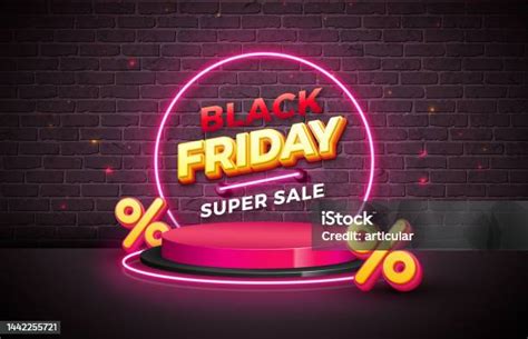 어두운 벽돌 벽 배경에 3d 레터링과 빛나는 네온 불빛이 있는 블랙 프라이데이 세일 그림 벡터 새해와 크리스마스 디자인 템플릿으로 인사말 카드 전단지 배너 축하 포스터 또는