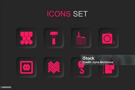 쪽모이 세공 망치 지붕 타일 크레인 후크 룰렛 건설 집 계획 도시 풍경 및 전기 콘센트 아이콘을 설정합니다 벡터 가정의 방에