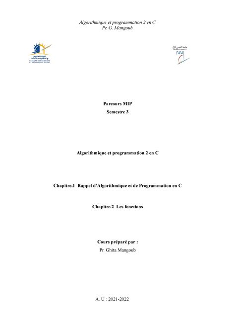 Chapitre 1 2 Algorithme Et Analyse Numérique Pr G Mangoub