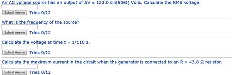 Solved An AC Voltage So Source Has An Output Of Delta V Chegg Com