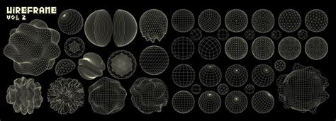 와이어프레임 3d 모양 구 그리드 기하학적 볼 표면 및 반구 메시 프리미엄 벡터