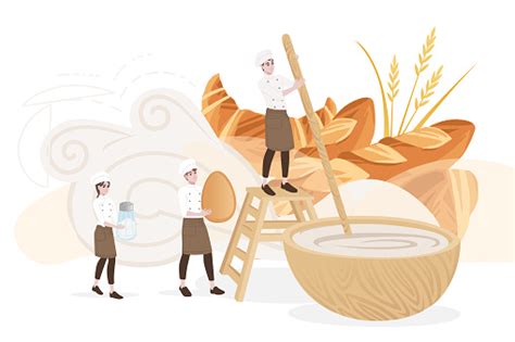 베이커리 제조업체 남성 및 여성 요리사 요리 요리 는 흰색 배경에 활 전문 베이커리 만화 캐릭터 디자인 플랫 벡터 일러스트에 직접 반죽을 반죽 가방에 대한 스톡 벡터 아트