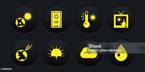 혜성이 빠르게 떨어지고 일기 예보 일출 구름 기상 온도계 물방울 및 지구 지구본과 태양 아이콘이 떨어지도록 설정합니다 벡터 Gui 위젯에 대한 스톡 벡터 아트 및 기타
