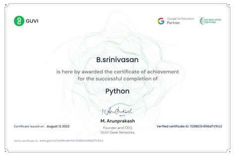 Python Guvi Certification Programming Learning Professionaldevelopment Srinivasan B