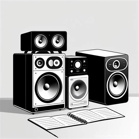Notebook And Stereo Setup In Monochrome Stable Diffusion Online