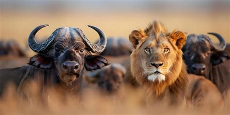 Intense Confrontation Between Buffalo Herd And Lion Pride Tension High