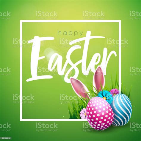 벡터 그림 그려진된 달걀 토끼 귀와 빛나는 녹색 배경에 꽃 행복 한 부활절 휴가의 국제 축 하 인사말 카드 파티 초대장 또는 프로 모션 배너 인쇄 술과 디자인 개념에 대한