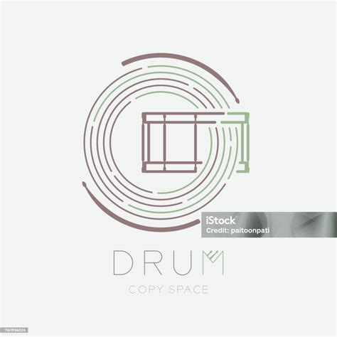 스네어 드럼 라인 직원 원 모양 로고 아이콘 윤곽 스트로크 세트 대시 라인 디자인 일러스트 드럼 텍스트와 복사 공간 회색 배경에