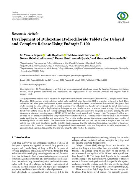 Pdf Development Of Duloxetine Hydrochloride Tablets For Delayed And Complete Release Using
