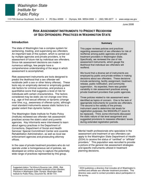 Risk Assessment Instruments To Predict Recidivism Of Sex Offenders Practices In Washington
