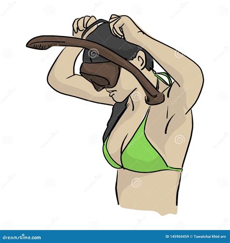 Woman With Bikini Wearing Snorkel Vector Illustration Sketch Doodle