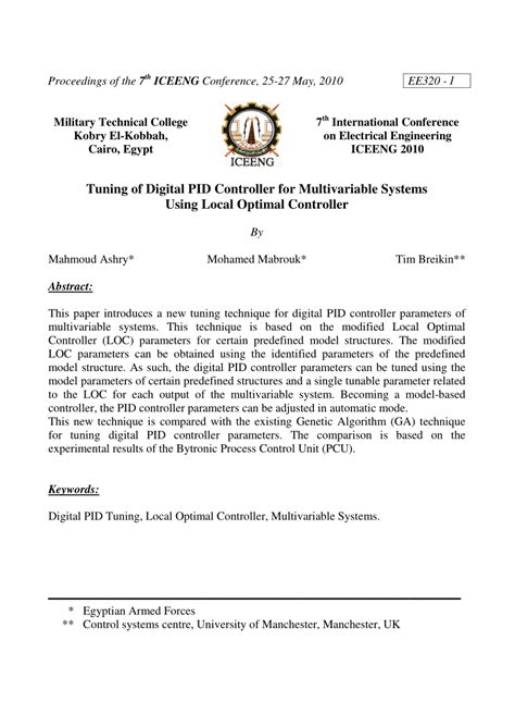 Pdf Tuning Of Digital Pid Controller For Multivariable Systems Using Local Optimal Controller