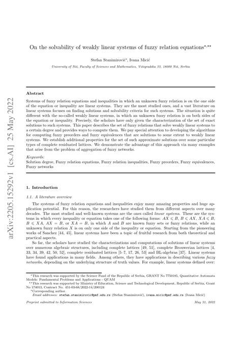 Pdf On The Solvability Of Weakly Linear Systems Of Fuzzy Relation Equations