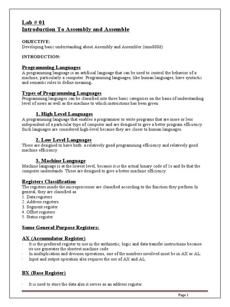 Lab 01 Introduction To Assembly And Assemble Programming Languages Pdf Programming