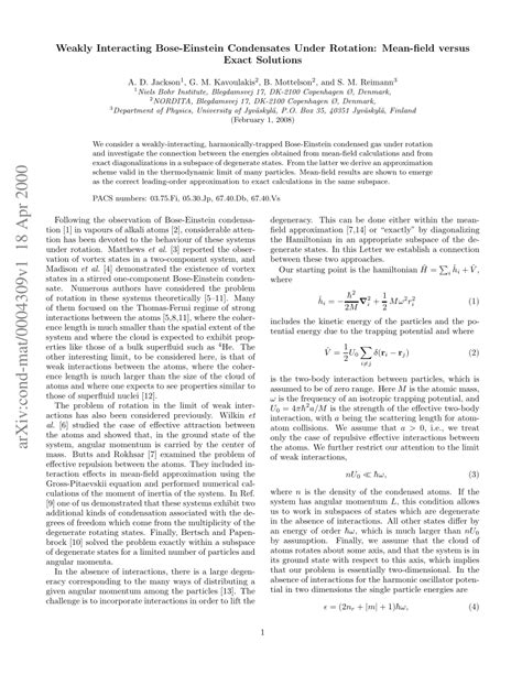 Pdf Weakly Interacting Bose Einstein Condensates Under Rotation Mean Field Versus Exact Solutions
