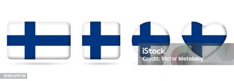 핀란드 국기 아이콘 또는 배지 세트입니다 핀란드 광장 심장 및 원형 국가 상징 또는 배너 벡터 그림입니다 3차원 형태에 대한 스톡 벡터 아트 및 기타 이미지 Istock
