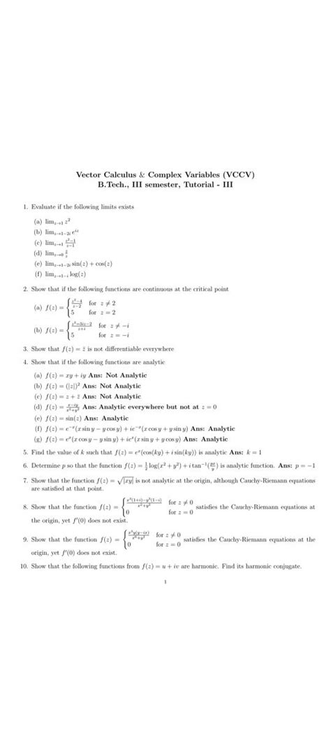Vector Calculus And Complex Variables Vccv B Tech Iii Semester Tutori