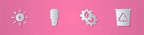 종이를 잘라 태양 에너지 패널 Led 전구 기어 기계의 잎 공장 및 재활용 아이콘이있는 휴지통 종이 아트 스타일 벡터 0명에