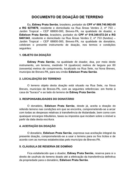 Documento De Doação De Terreno Em Breves Pdf