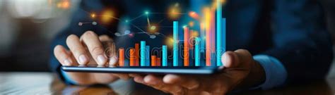 Businessperson Holding A Tablet With Holographic Colorful Graphs And Charts Depicting Business