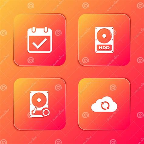 Set Calendar With Check Mark Hard Disk Drive Hdd Sync Refresh And Cloud Icon Vector Stock