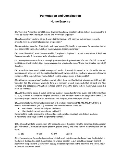 Permutation And Combination Home Exercise Pdf Mentorship Business