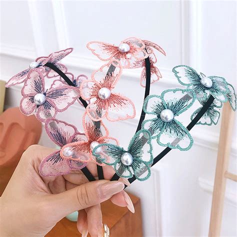 Badu Bg Нова мода Бродерия Пеперуда Обръч за коса за жени Момичета Мрежена прежда Имитация на